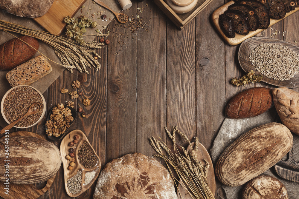 Various bread selection flat-lay. Top view of rye, wheat and multigrain ...