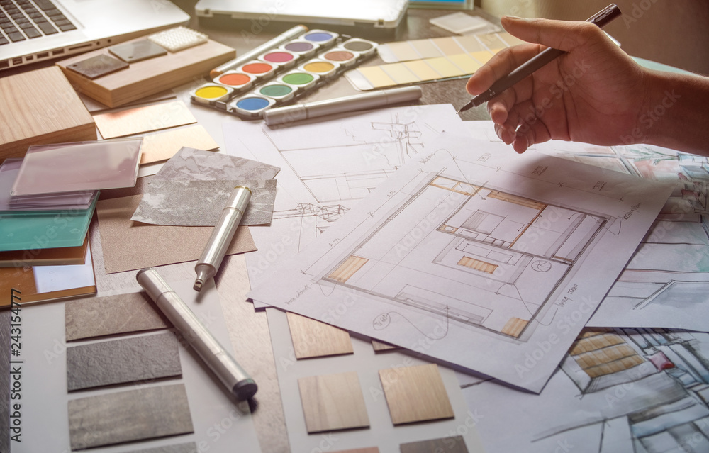 Architect designer Interior creative working hand drawing sketch plan ...