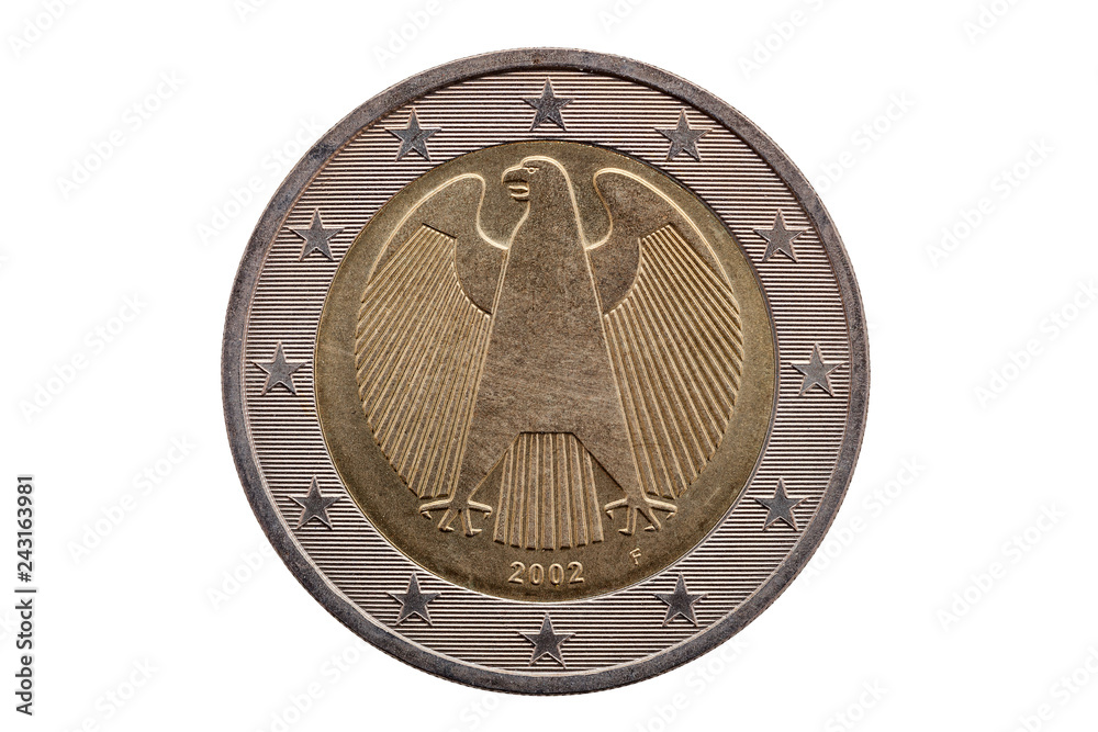 Reverse side of a Two Euro coin of Germany dated 2002 which shows the ...