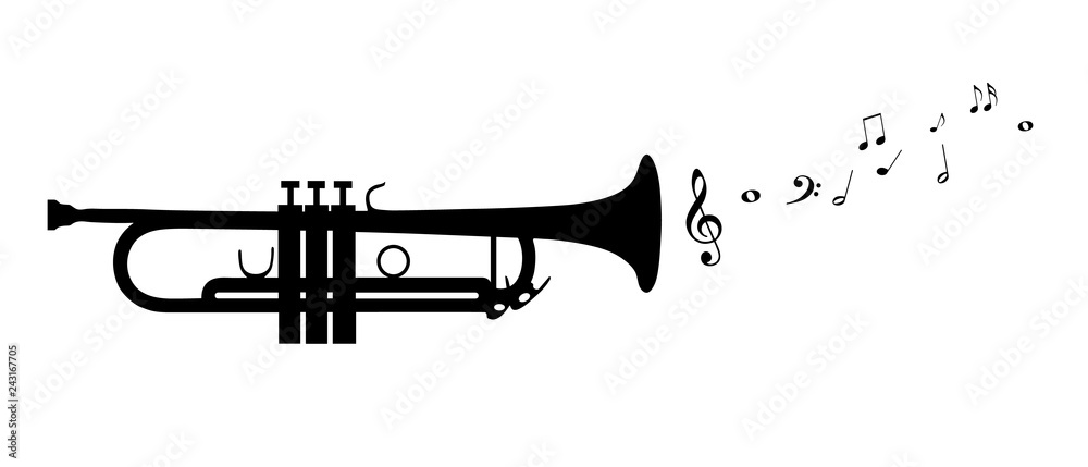 Trumpet Silhouette With Flying Notes - Black Vector Illustration ...