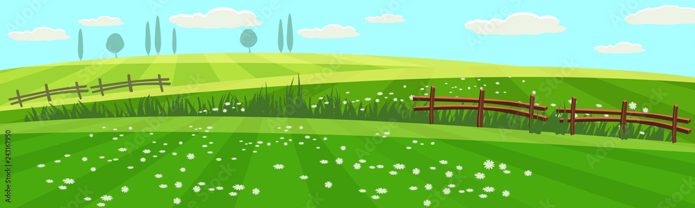 Rural spring landscape countryside with farm field with green grass ...