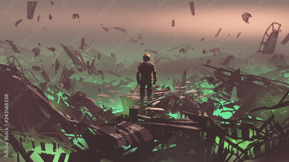the astronaut looking at space junkyard on alien planet, digital art ...