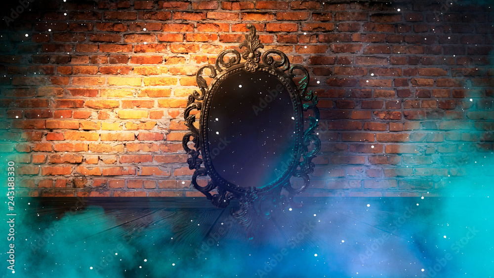 Mirror magical, fortune telling and fulfillment of desires. Brick wall ...