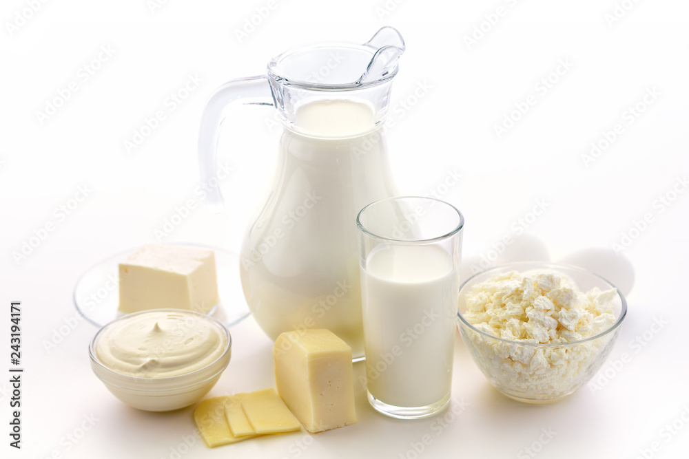 Milk, cottage cheese, sour cream, cheese, butter, eggs, still life from ...
