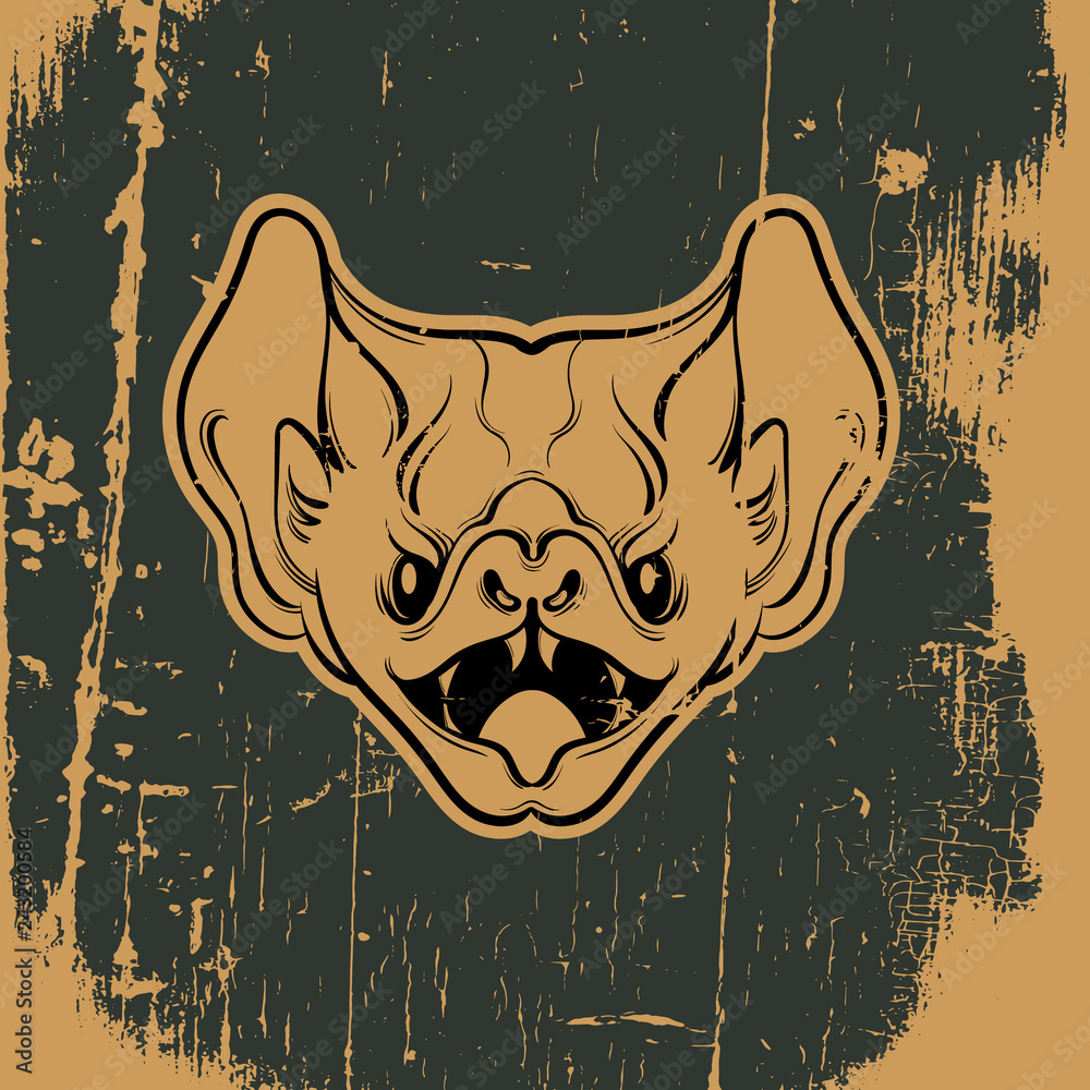 Vector illustration of angry bat with fangs in hand drawn line style ...
