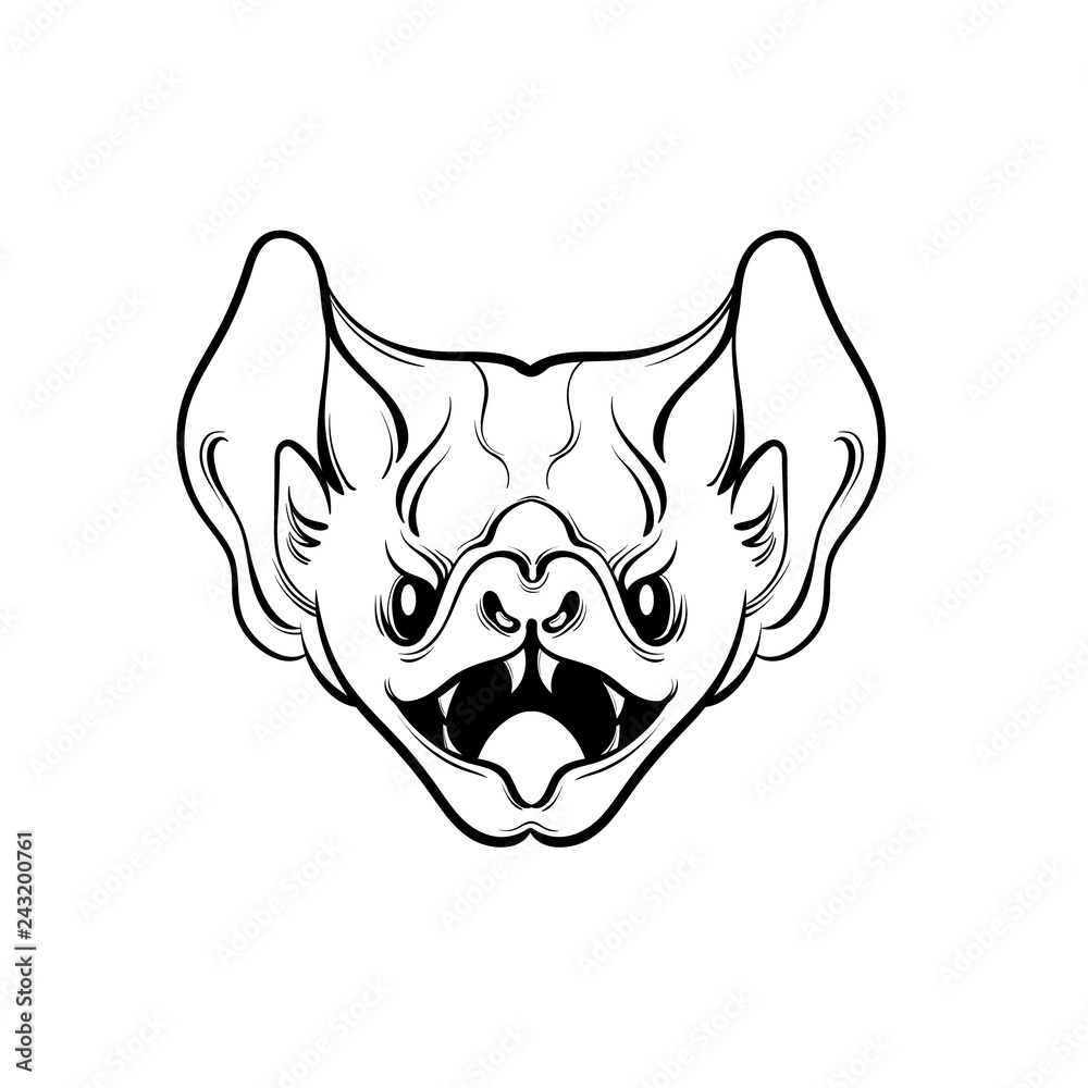Vector illustration of angry bat with fangs in hand drawn line style ...
