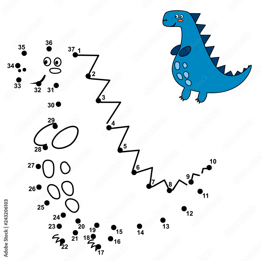 Connect the dots and draw a cute dinosaur. Numbers game for children ...