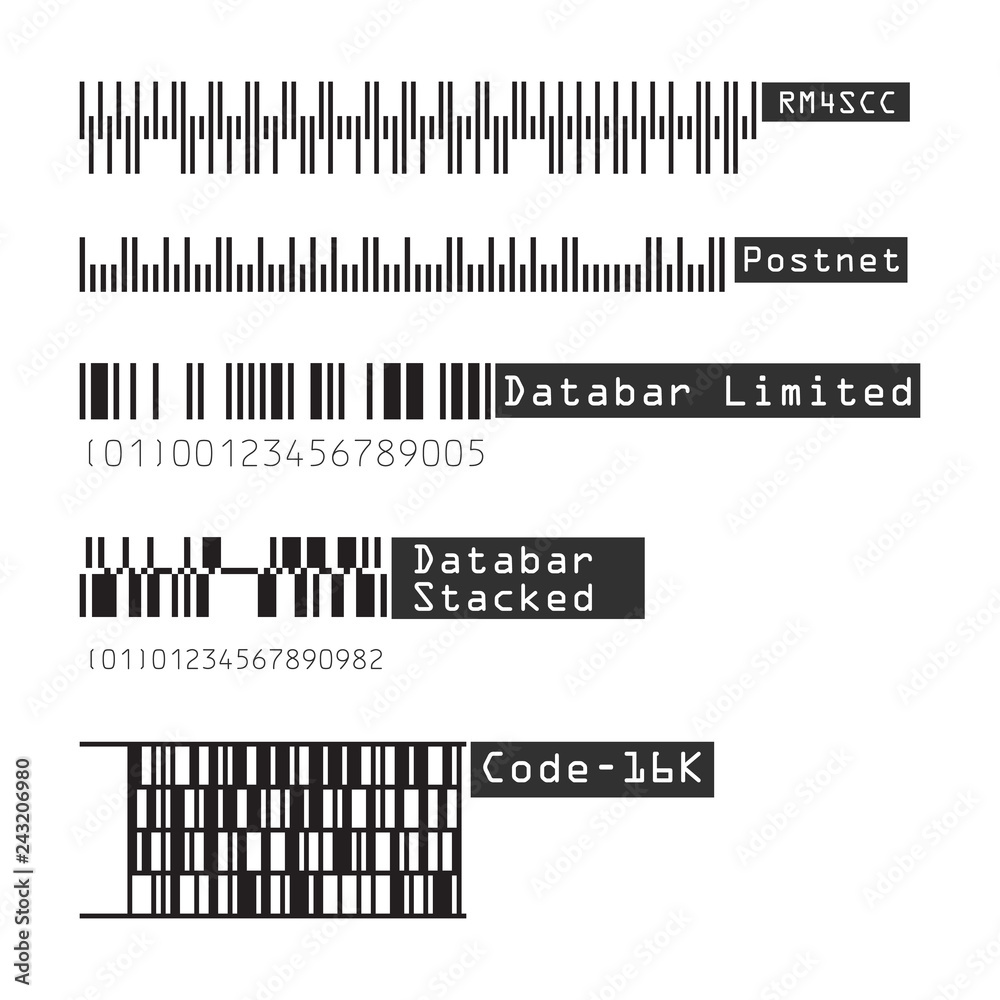 Business barcodes and QR codes vector set. RM4SCC, , Postnet, Databar ...