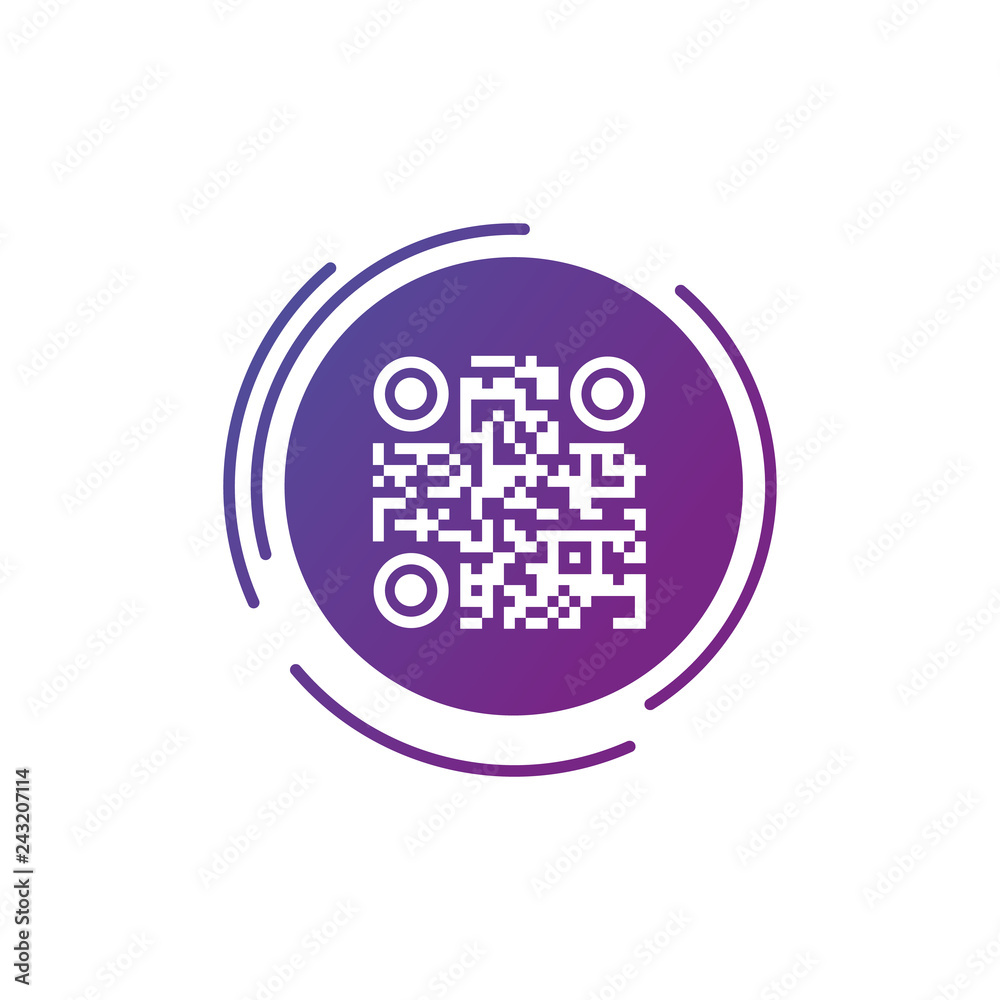 Qr code sign icon in purple gradient futuristic circle. Scan code ...