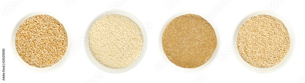 Sesame in bowls, over white. Fruits of Sesamum, also benne. Raw, peeled ...