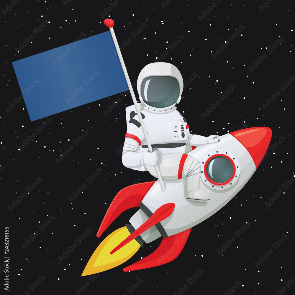 Astronaut sitting astride the rocket ship holding the flag with right ...