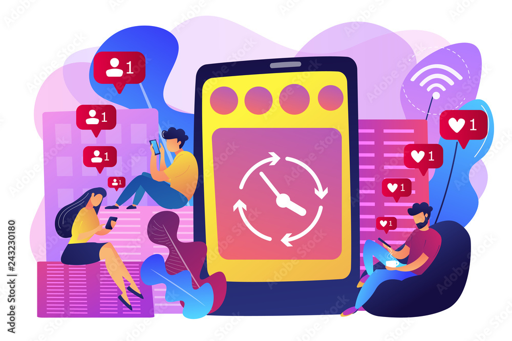 Business people scrolling through newsfeeds, smartphone with clock ... Business people scrolling through newsfeeds, smartphone with clock ...