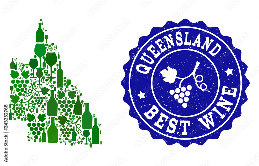 Vector collage of wine map of Australian Queensland and best grape wine ...