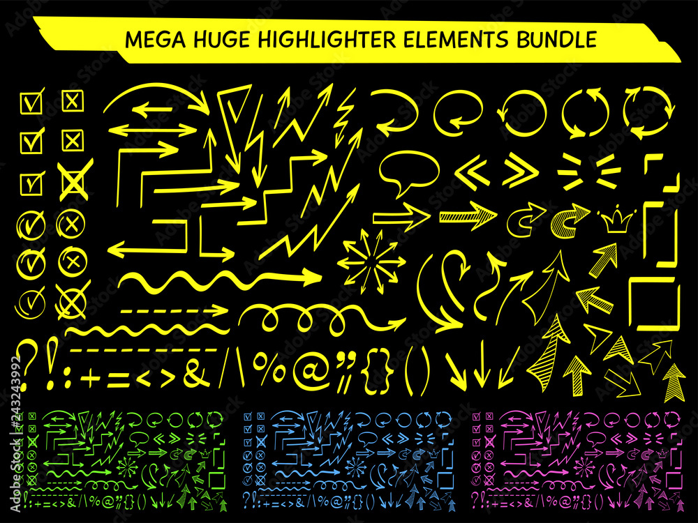 Sketchy arrow highlight marker set vector illustration. Group of neon ...