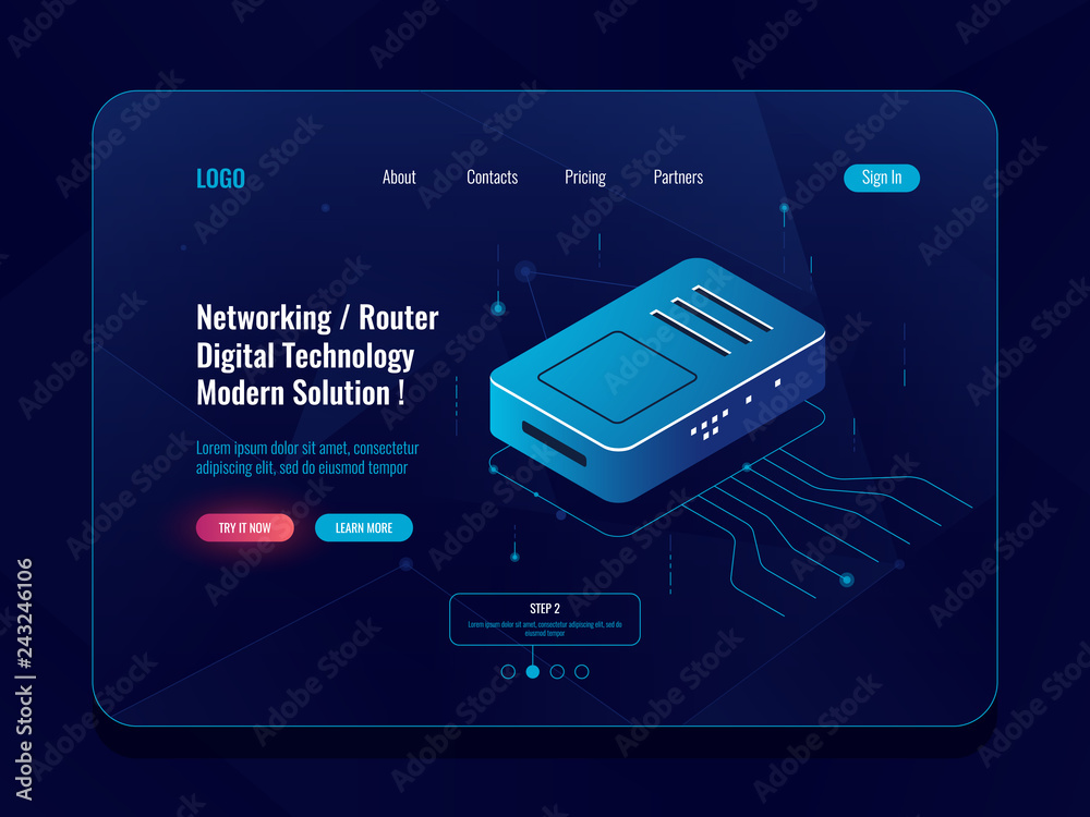 Server room, data transfer concept isometric, router internet splitter ...