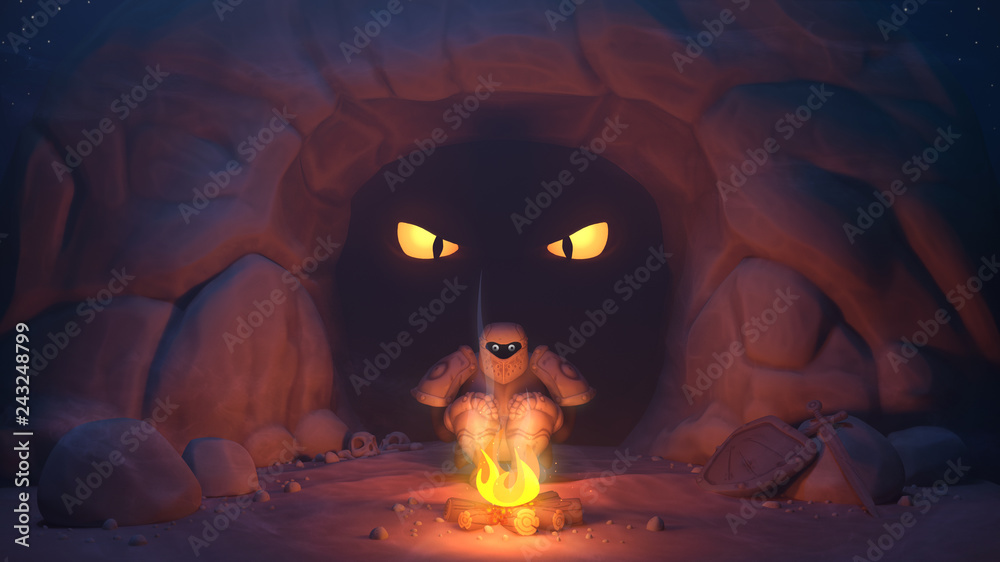 The knight is heated by the fire, behind him in the dark cave the big ...