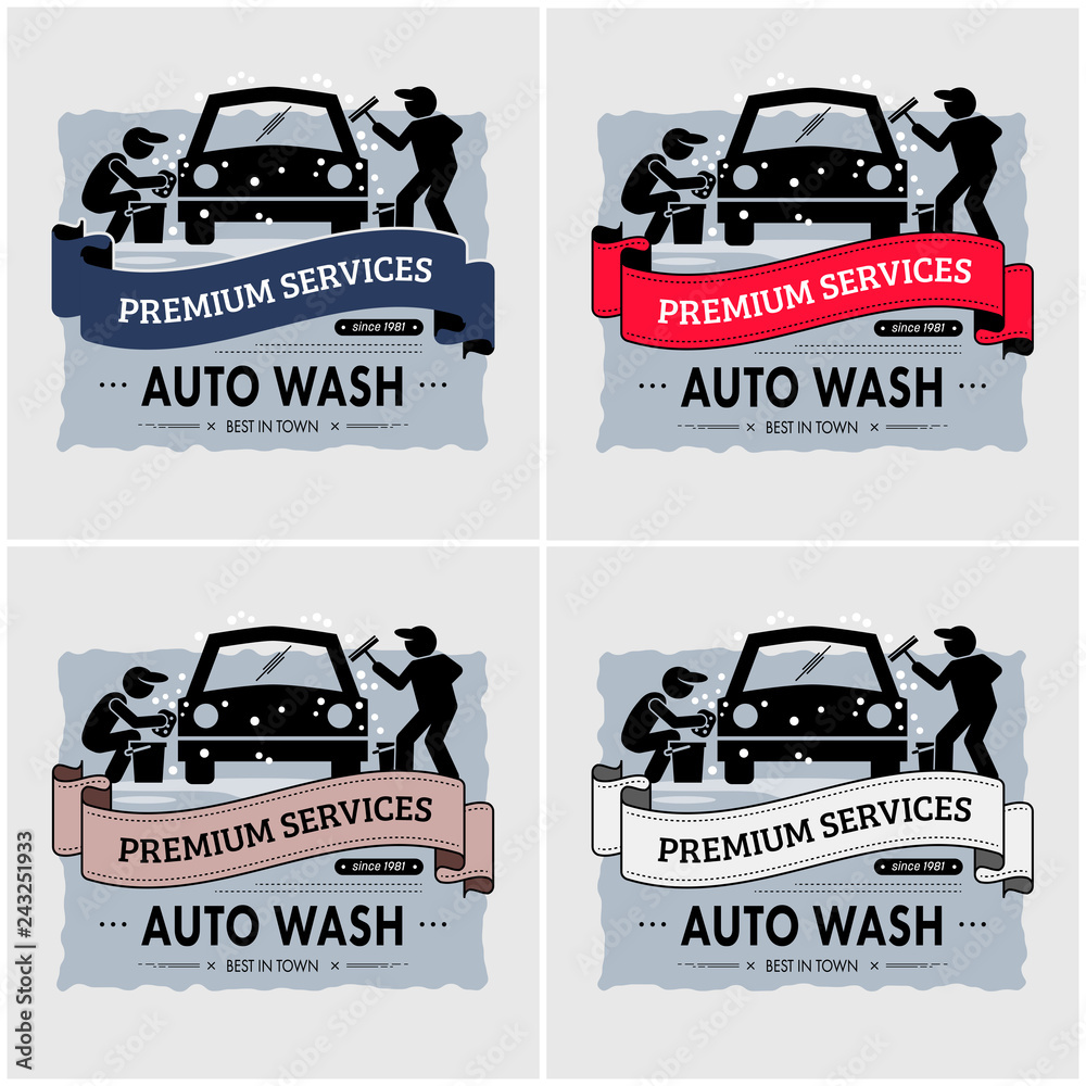 Car wash logo design. Vector artwork of workers washing and polishing a ...