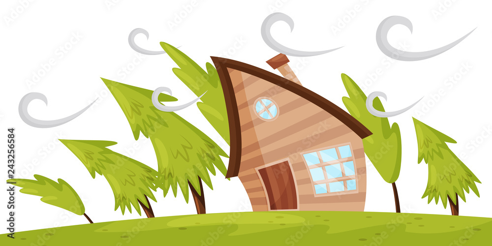 Flat vector scene with house and fir trees blowing away by strong wind ...