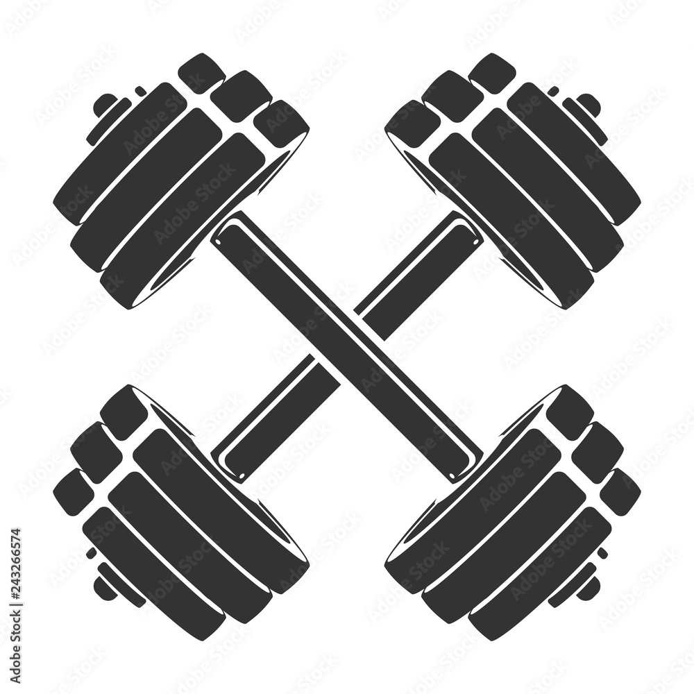 Vector hand drawn silhouette of crossed dumbbells isolated on white ... Vector hand drawn silhouette of crossed dumbbells isolated on white ...