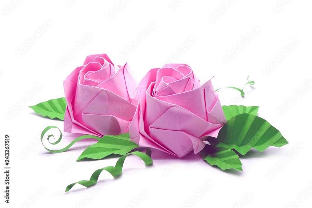 Rose : Origami pink rose with green leaves for Valentine's day. DIY (Do ...