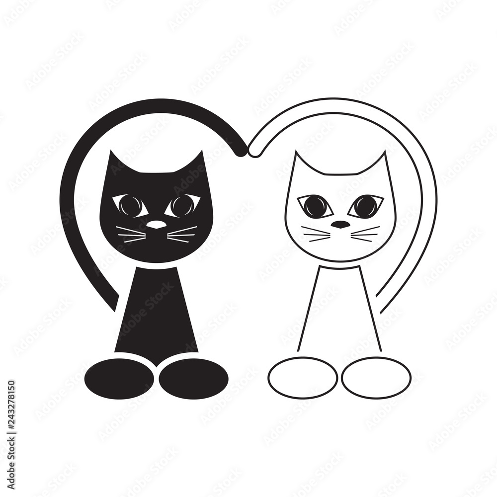 Vector illustration a black and white cat connect the tails, forming ...