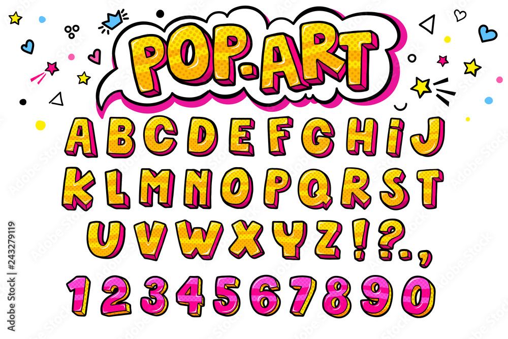 Comic retro letters set. Alphabet letters and numbers in style of ...