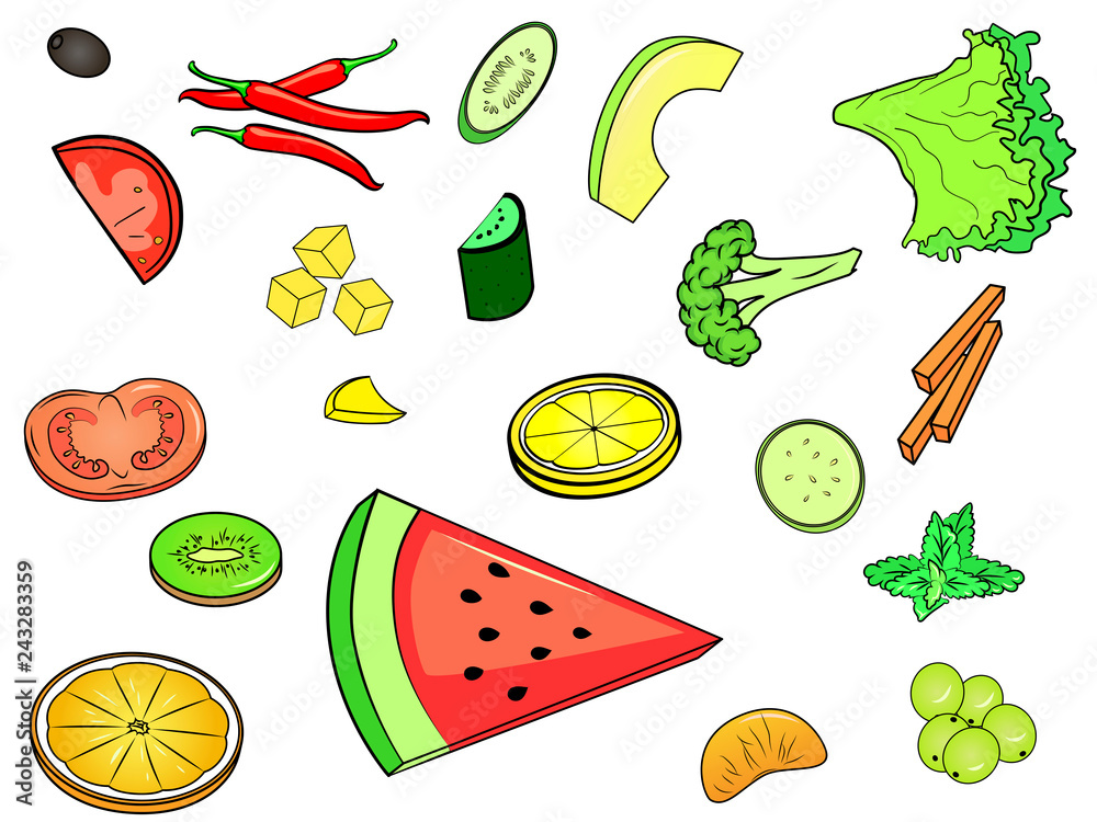 Object on white background. A lot of food, components of food, recipe ...