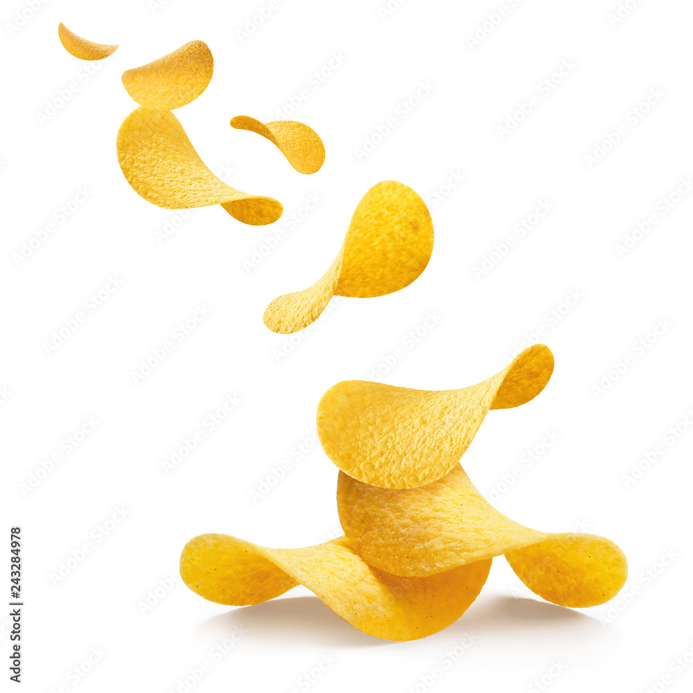 Flying potato chips, isolated on white background Stock Photo | Adobe Stock