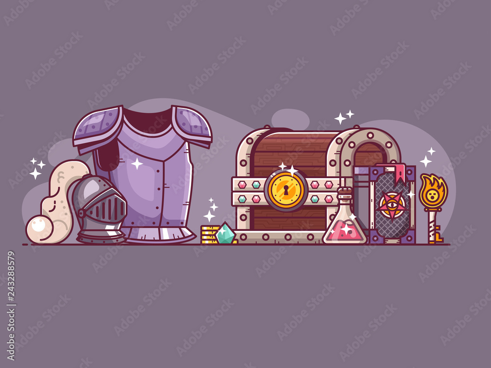 Fantasy RPG game loot and battle equipment for warrior hero. Dungeon ...