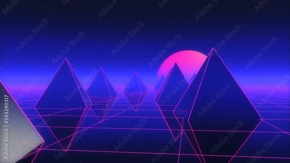 Futuristic Retro Landscape Of The 80s. Night digital landscape, sun ...