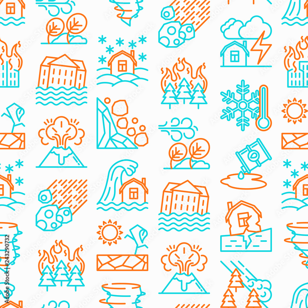Disasters seamless pattern with thin line icons: earthquake, tsunami ...
