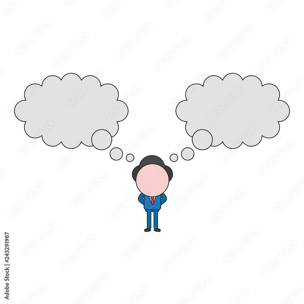 Vector illustration of businessman character with two thought bubbles ...