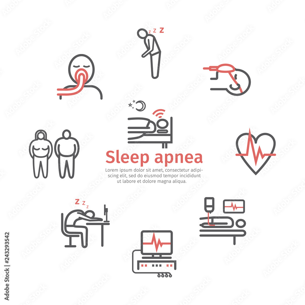 Sleep Apnea banner. Symptoms, Treatment. Line icons set. Vector signs ...