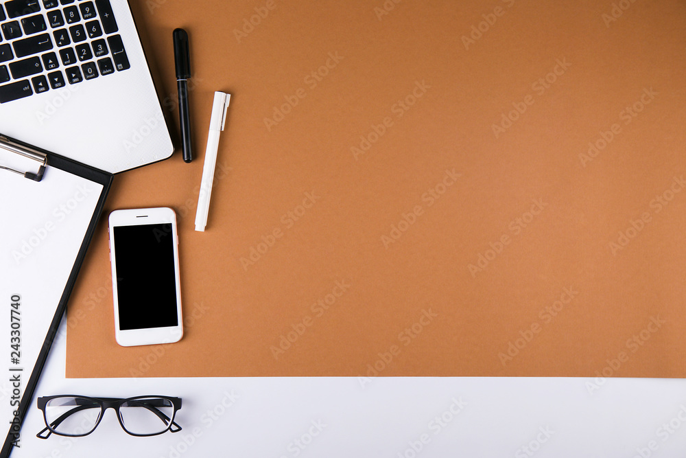 Content creator table concept. Laptop computer, modern wireless ...