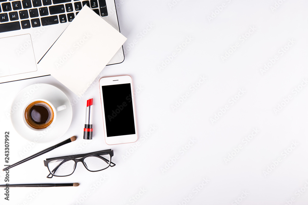 Content creator table concept. Laptop computer, modern wireless ...