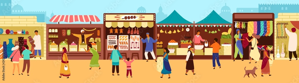 Arab or Asian outdoor street market, souk or bazaar. People walking ...