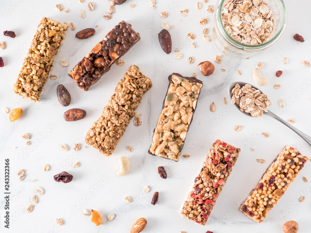 Granola bar with copy space. Set of different granola bars on white ...