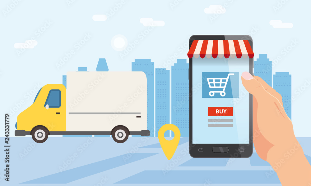 Online delivery service, tracking online tracker. A hand is holding a ...