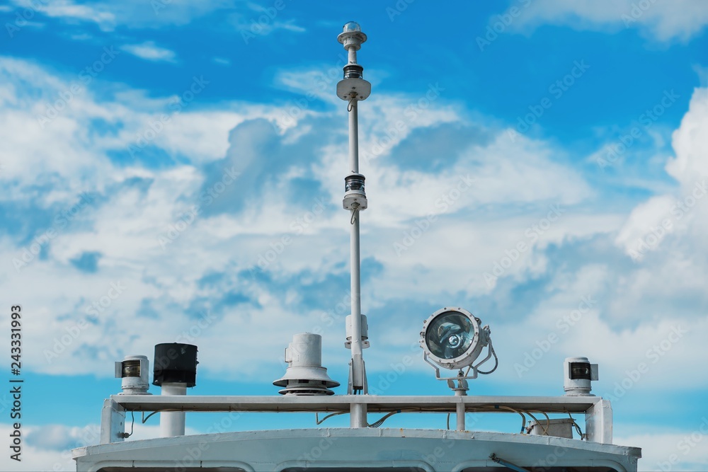 Marine navigation equipment. Communication mast of modern yacht with ...