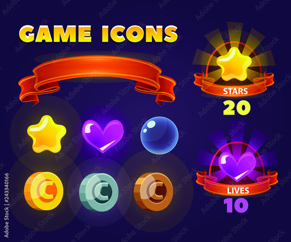 Cartoon game user interface, vector assets for mobile games design ...