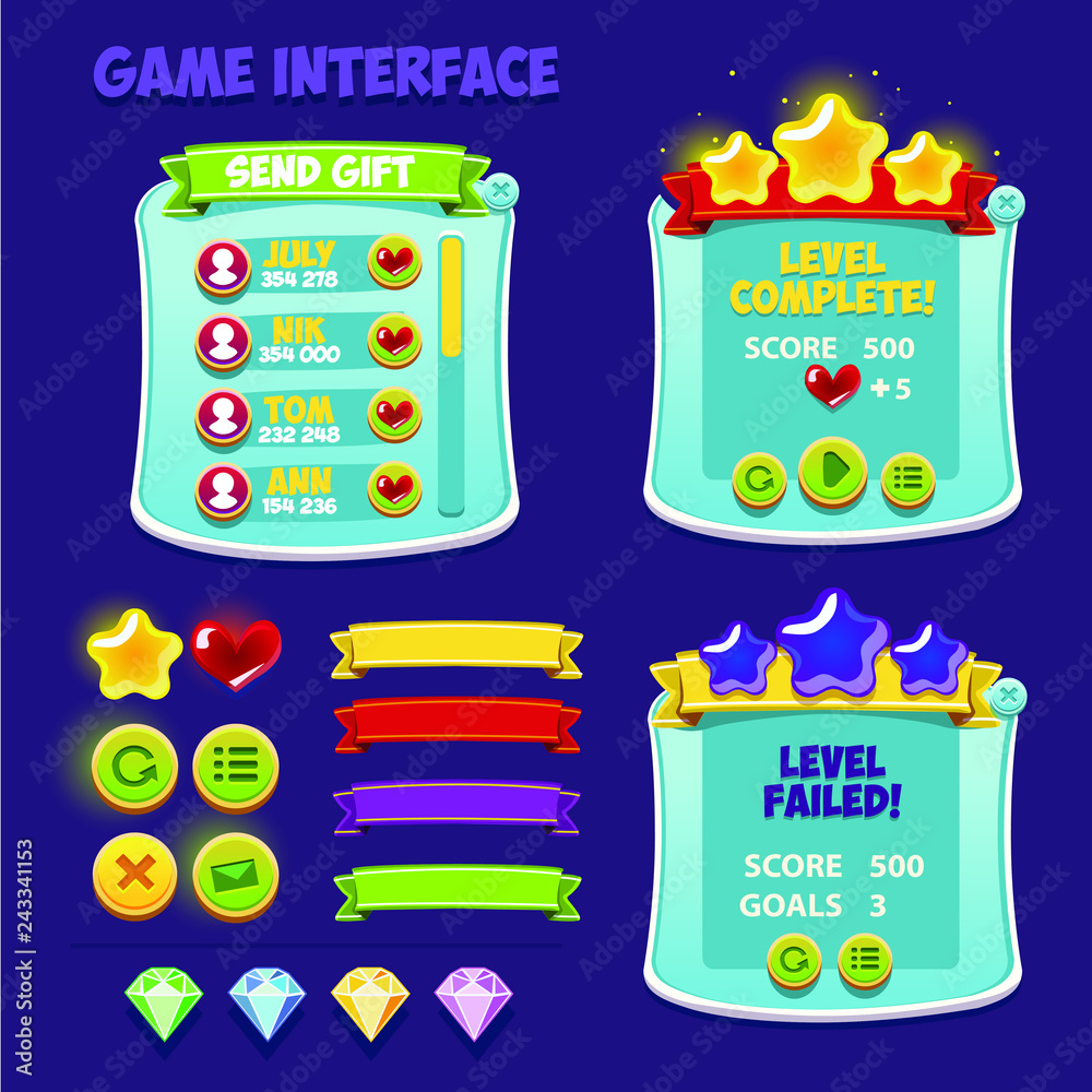 Cartoon Blue Game User Interface Vector Assets For Mobile Games Design Stock Vector Adobe Stock