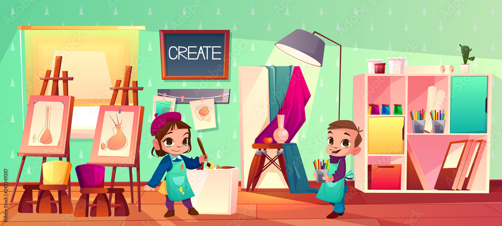 Vector art school interior. Creative workshop room with children ...