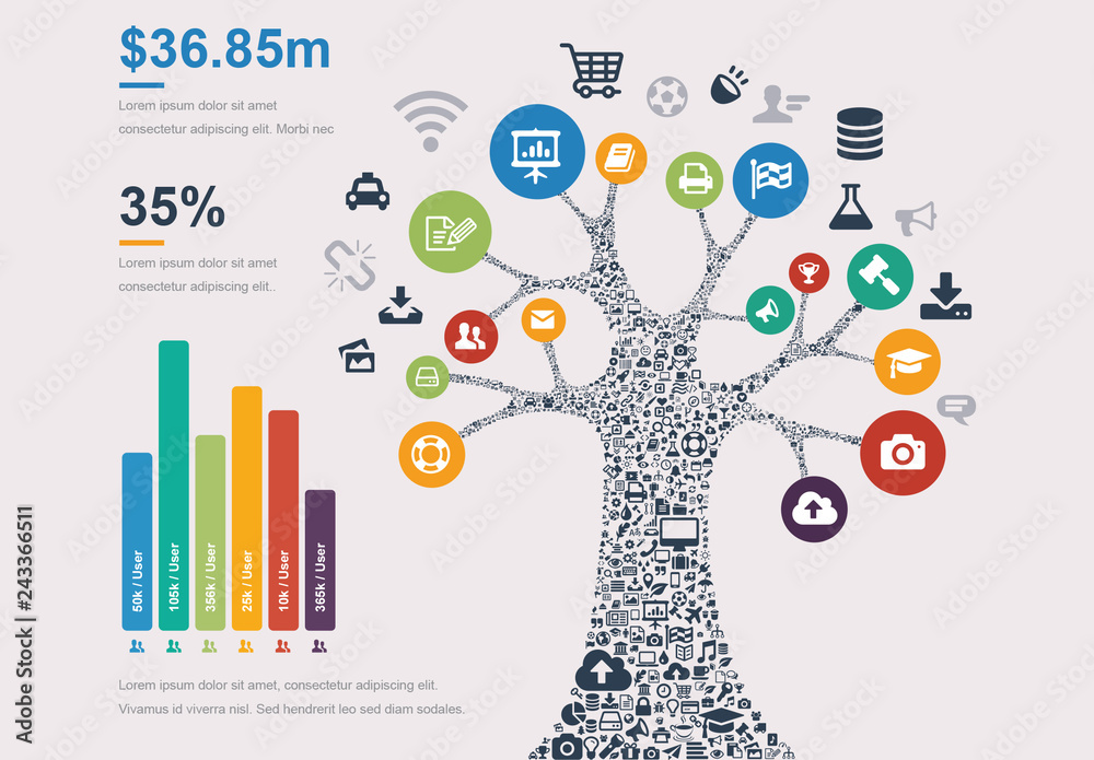 Social Media Tree Infographic with Bar Graph Stock Template | Adobe Stock