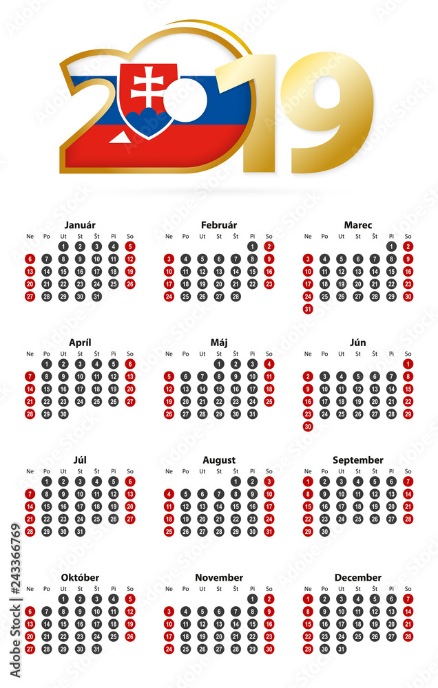 Slovak calendar 2019 with numbers in circles, week starts on Sunday ...