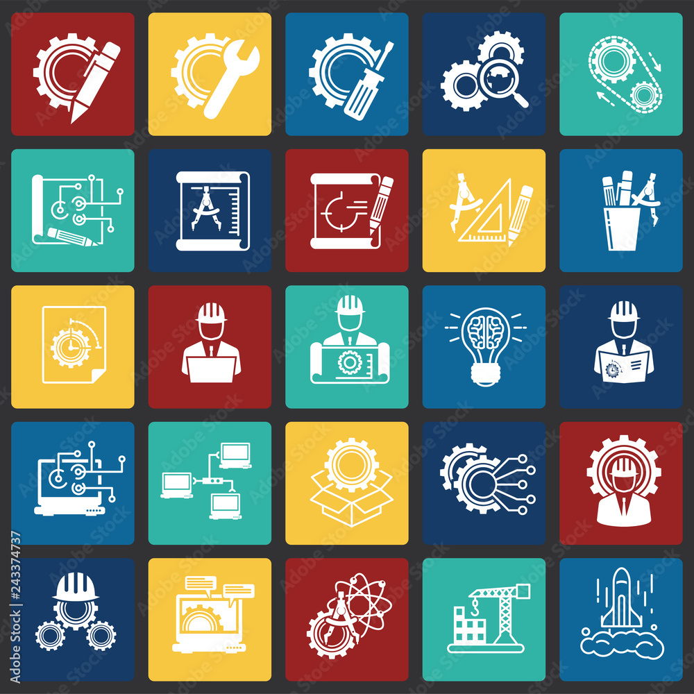 Engineering icons set on color squares background for graphic and web ...
