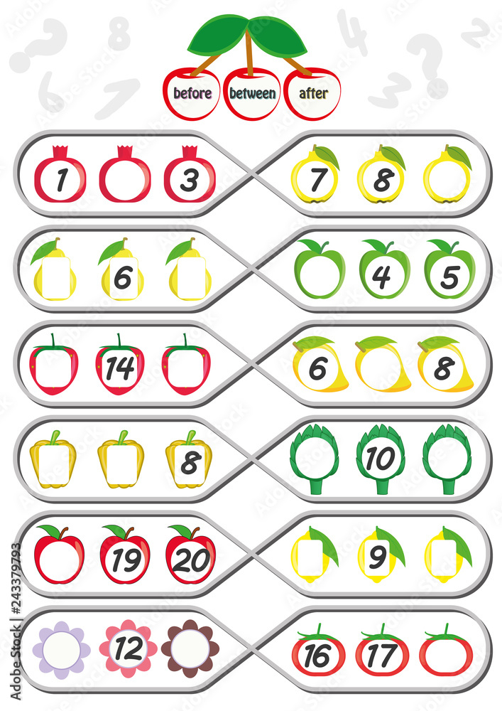 What comes Before-Between and After, math worksheets for kids Stock ...