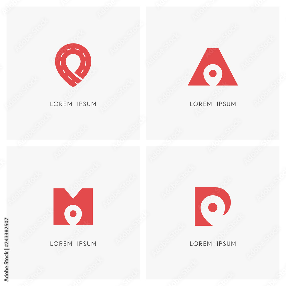 Place pointer logo set. Road with separation line or dividing strip ...