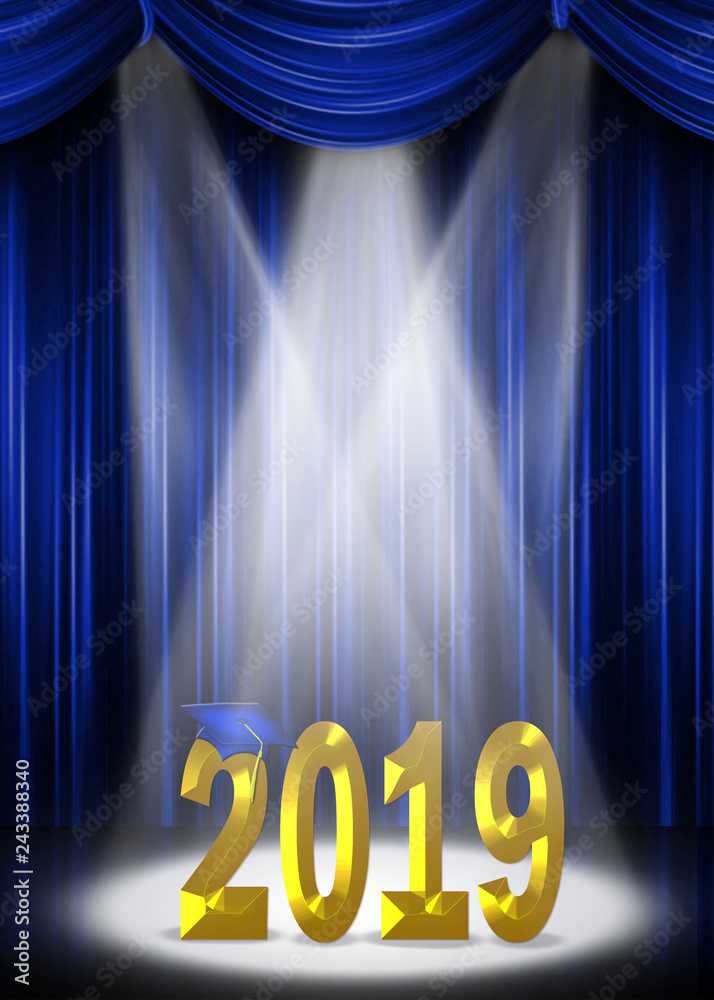 blue graduation cap on 2019 gold text in stage spotlight with curtain ...