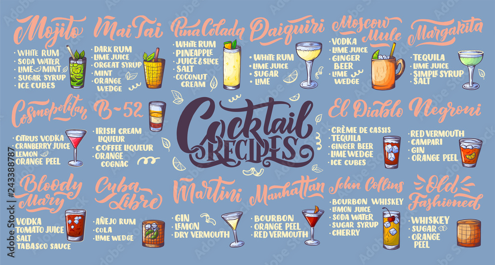 Lettering set of cocktails recipes. Template for card banner and poster ...