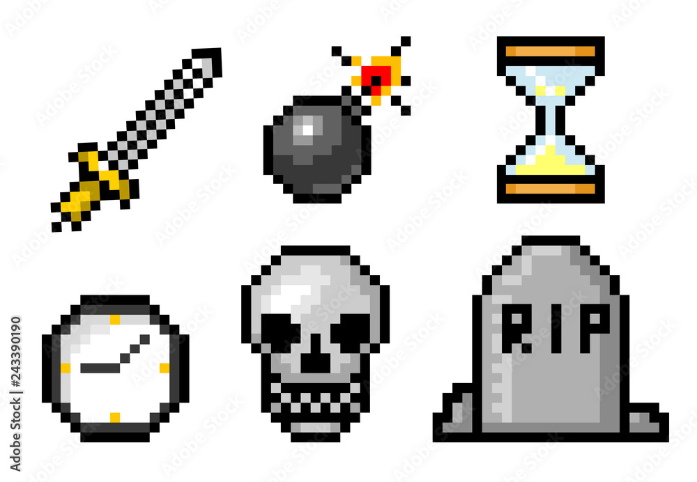 Pixel art 8 bit objects. Skull and bomb, grave and clock. Retro game ...